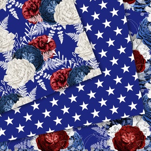 Red White and Blue Floral Digital Paper, Seamless Patriotic Flower ...