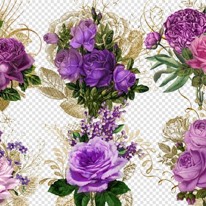 Purple and Gold Shabby Floral Clip Art, Digital Instant Download ...