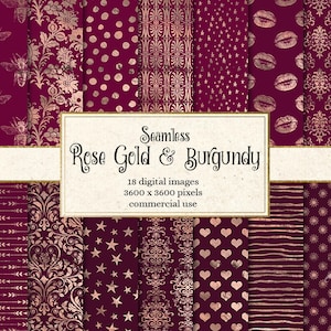 Rose Gold and Burgundy Digital Paper, Wine Seamless Rose Gold Patterns ...