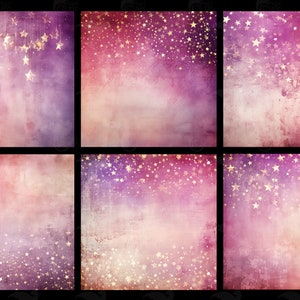 Pink Grunge Stars Digital Paper, Golden Starry Night Digital Papers ...