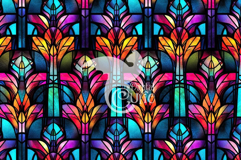 Deco Neon Stained Glass Digital Paper, Seamless Textures (digital ...