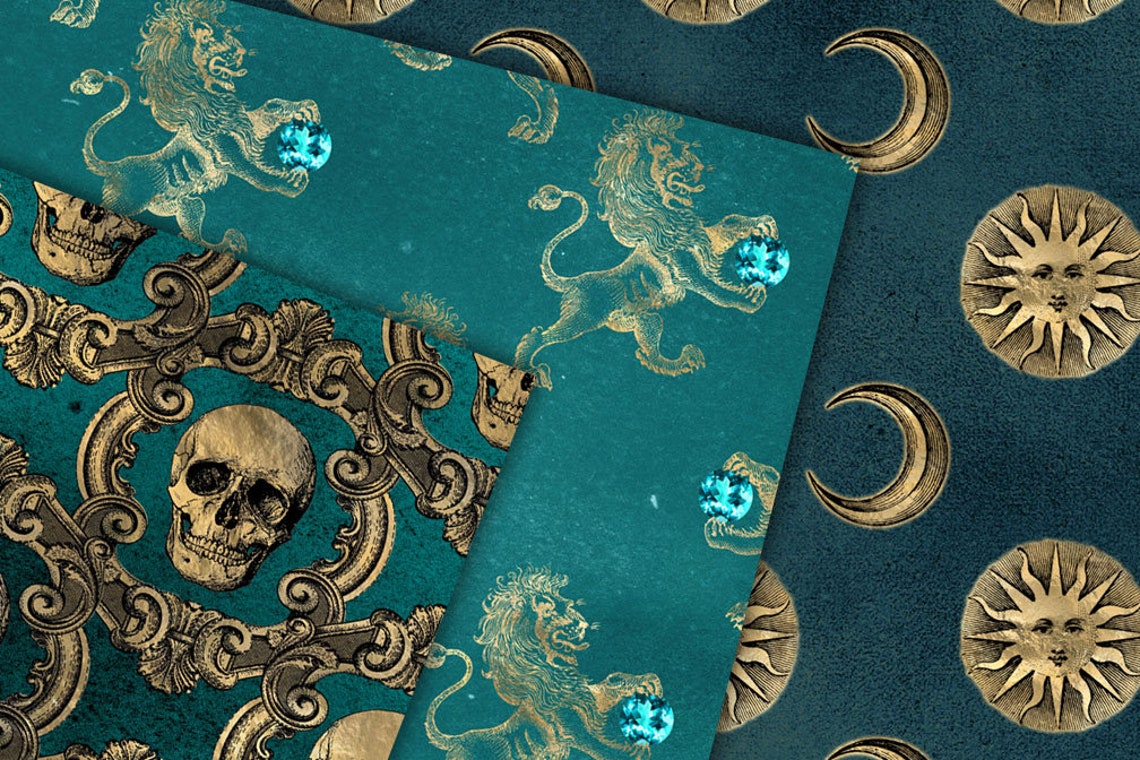 Heraldic Teal and Gold Digital Paper Seamless Patterns - Etsy