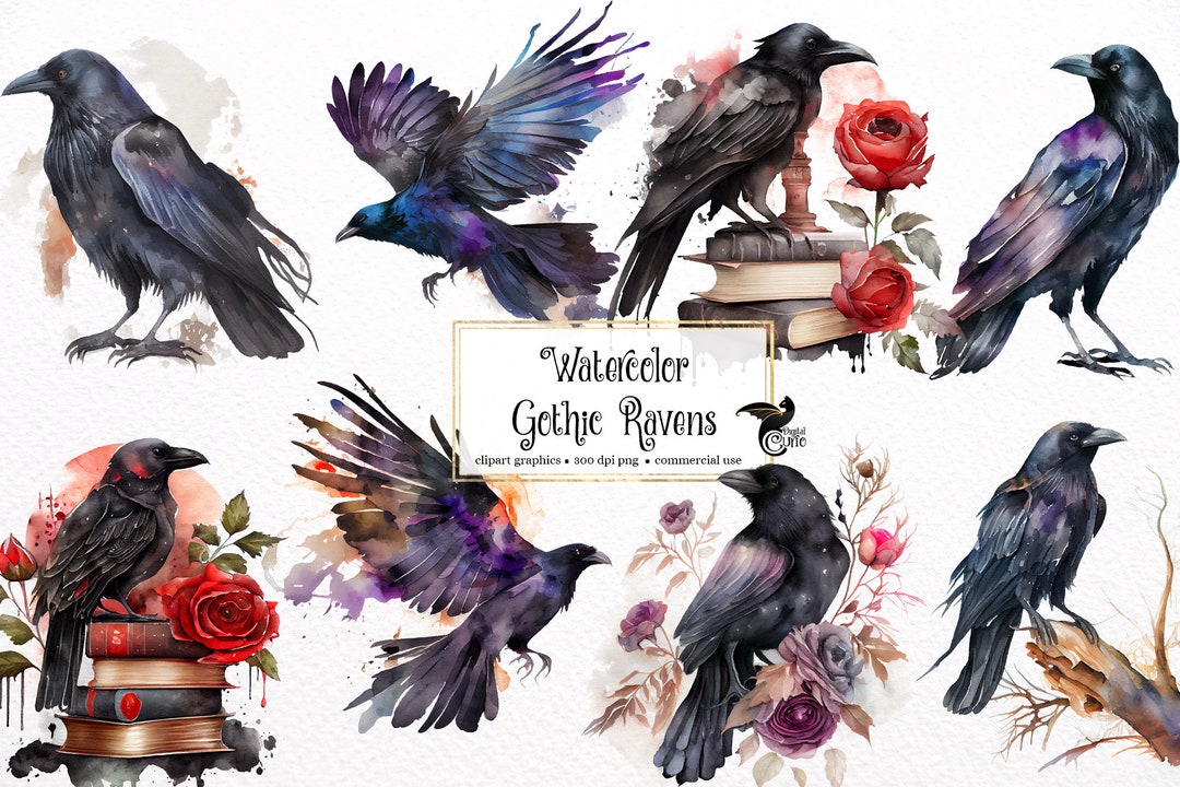 Watercolor Gothic Ravens Clipart – Dark Fantasy PNG (digital Download ...