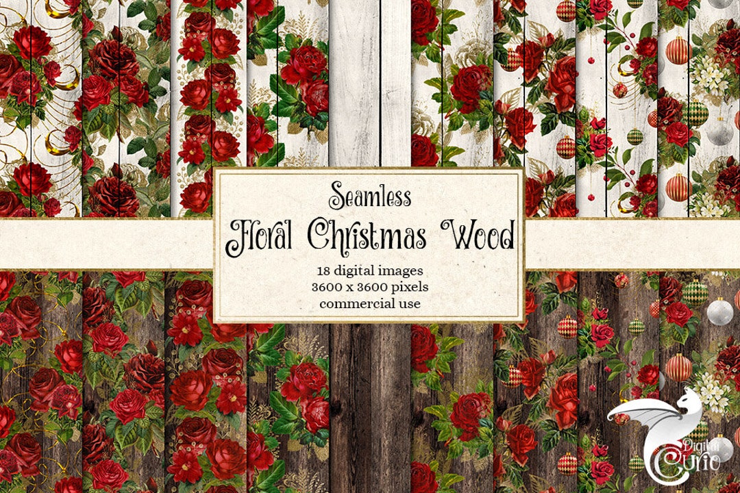 Christmas Floral Wood Digital Paper, Seamless Backgrounds and Patterns ...