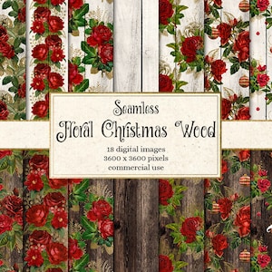 Christmas Floral Wood Digital Paper, Seamless Scrapbook Patterns ...