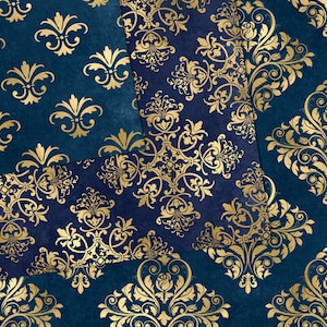 Blue and Gold Damask Digital Paper, Seamless Damask Patterns Printable ...