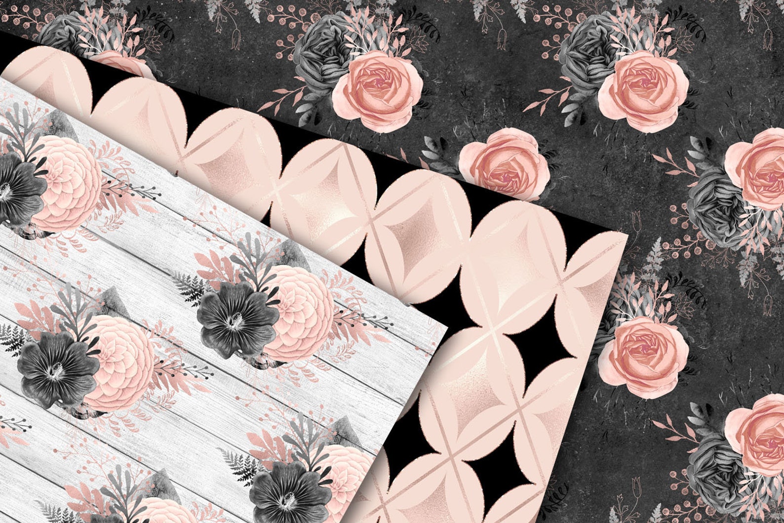 Blush and Charcoal Floral Digital Paper, Seamless Rustic Patterns ...