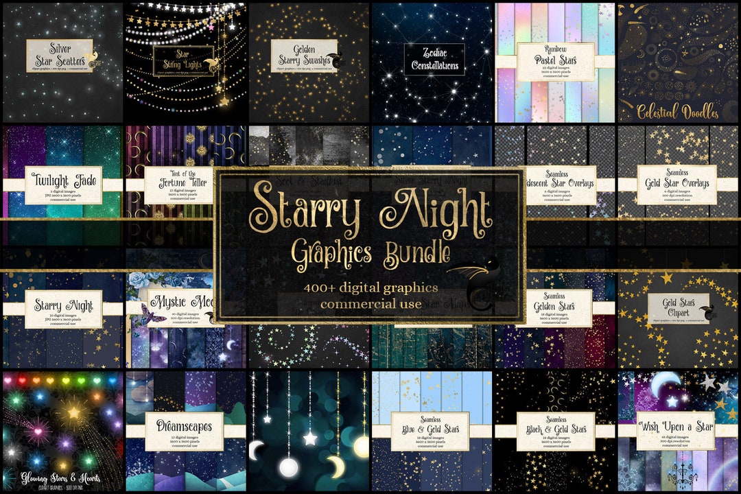 Starry Night Graphics Bundle, Gold Star Clipart, Digital Paper (instant ...