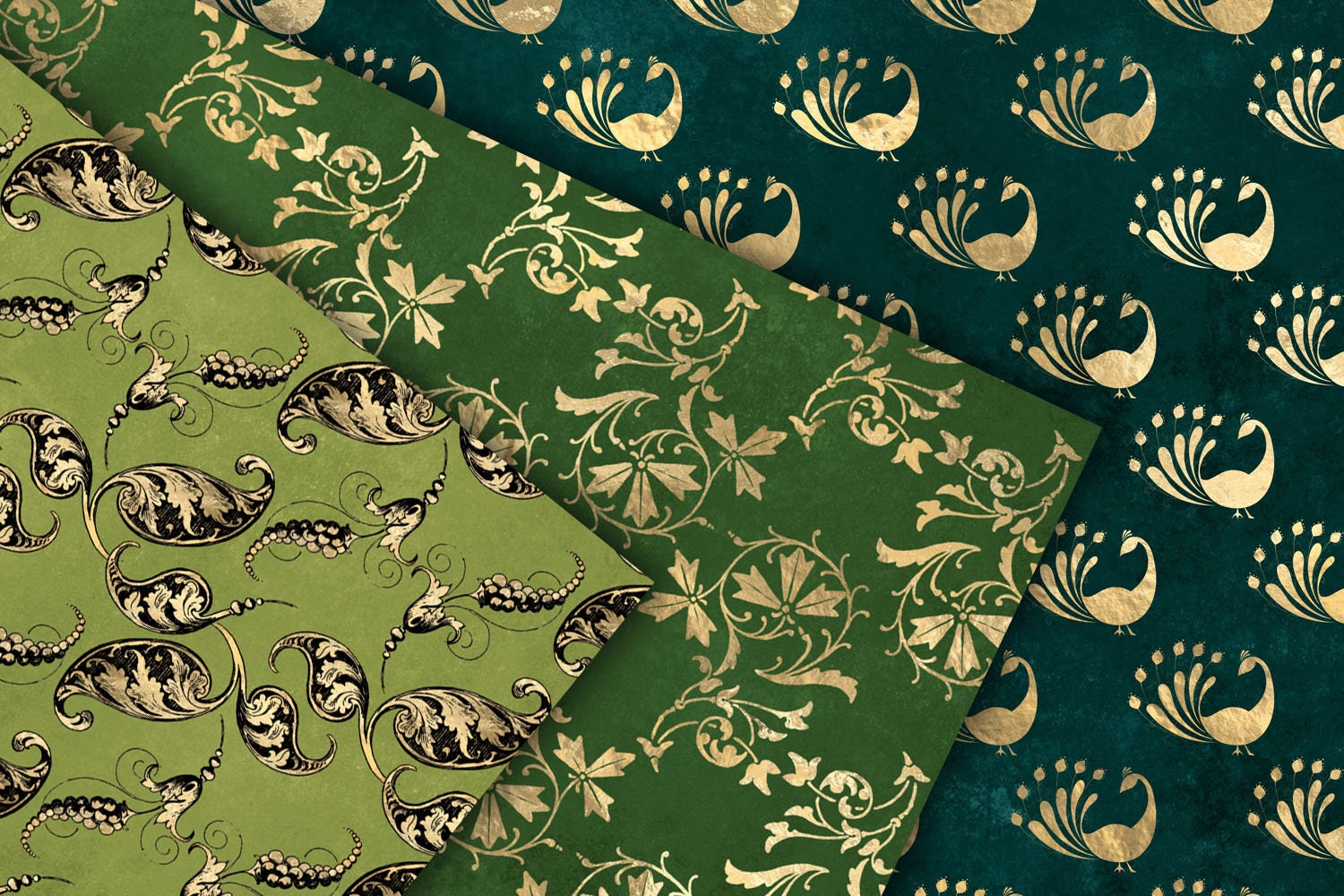 Emerald Peacock Digital Paper Seamless Green Gold Peacock - Etsy