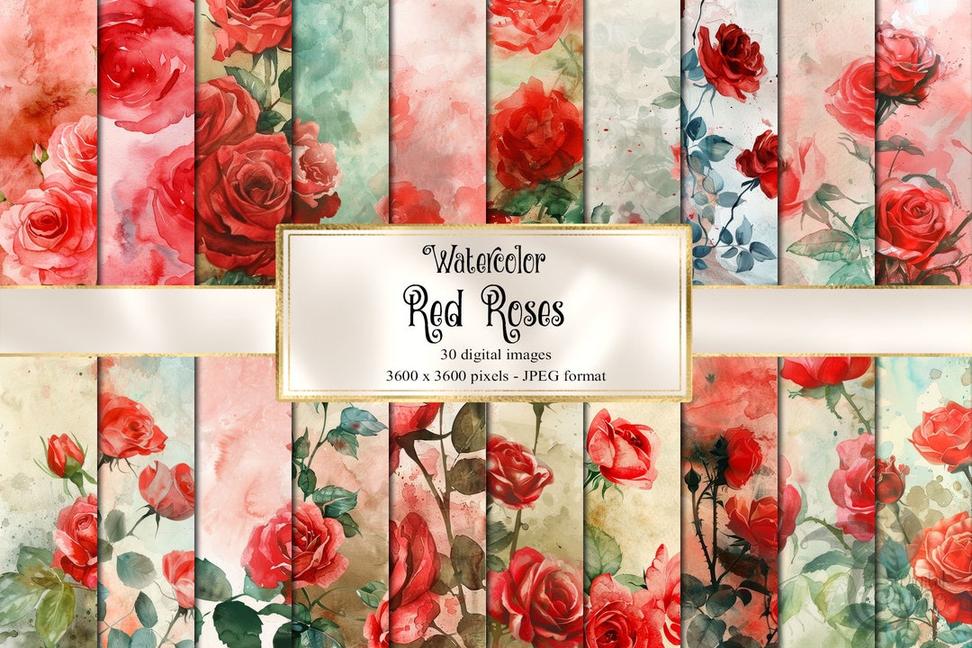 Watercolor Red Rose Backgrounds, Watercolour Wash Digital Paper, Floral ...