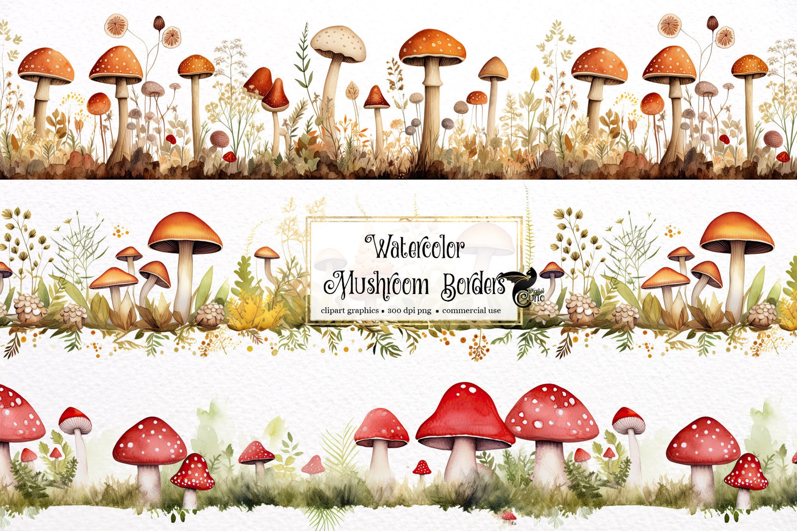 Watercolor Mushroom Borders Clipart – Seamless Botanical PNG (digital ...