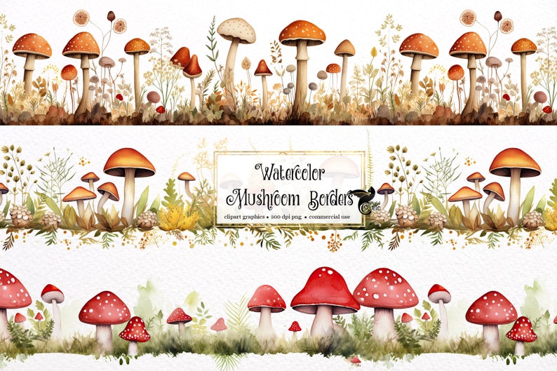 Watercolor Mushroom Borders Clipart – Seamless Botanical PNG (digital ...