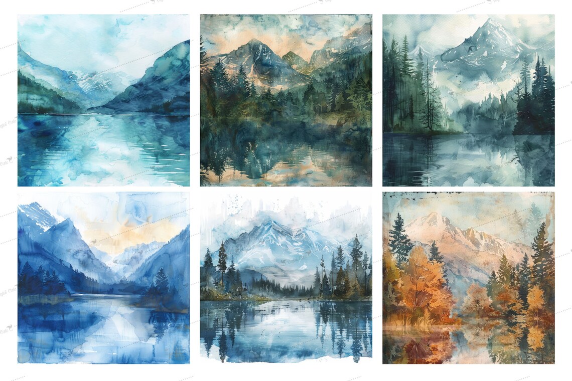 Watercolor Alpine Lakes Backgrounds, Watercolour Wash Digital Paper ...