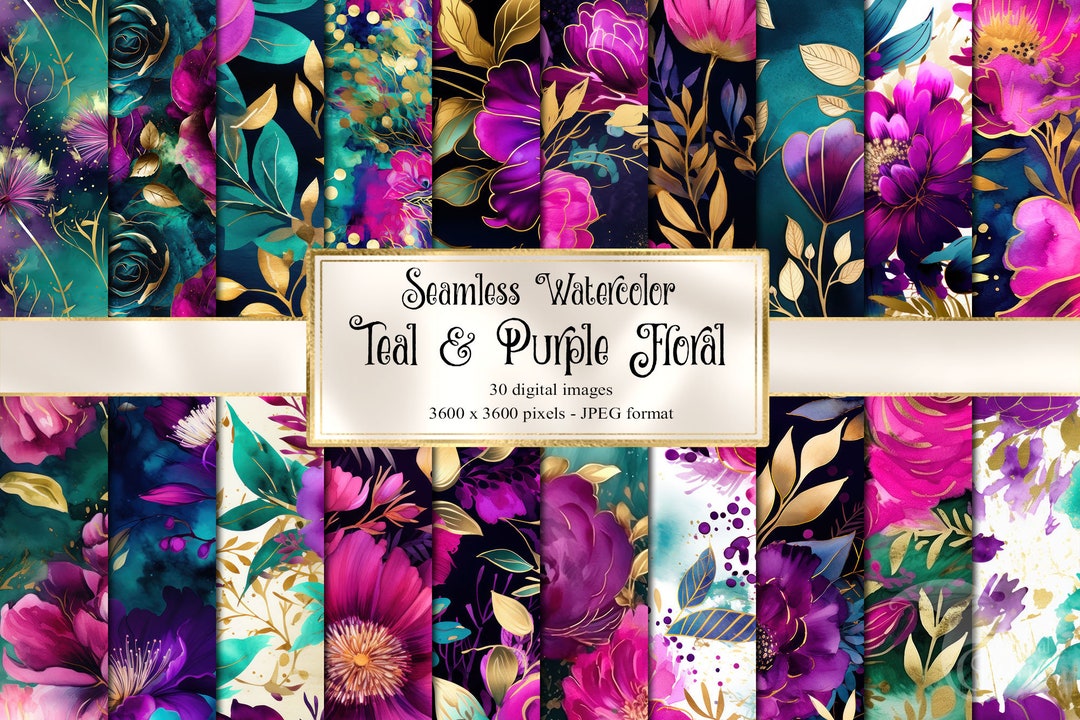 Watercolor Teal and Purple Floral - Seamless Printable Digital ...