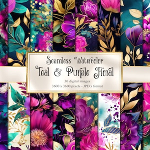 Watercolor Teal and Purple Floral - Seamless Printable Digital ...