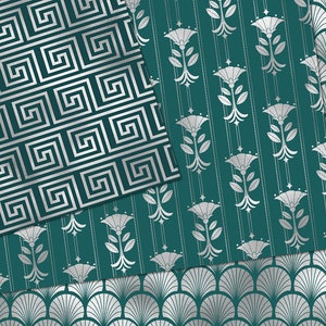Teal and Silver Art Deco Digital Paper, Seamless Deco Patterns in ...