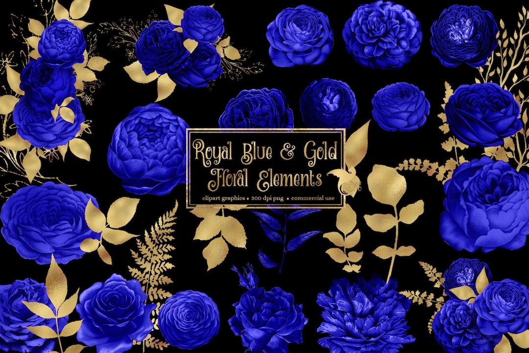 Royal Blue and Gold Floral Elements Clip Art - Digital Clipart Graphics ...
