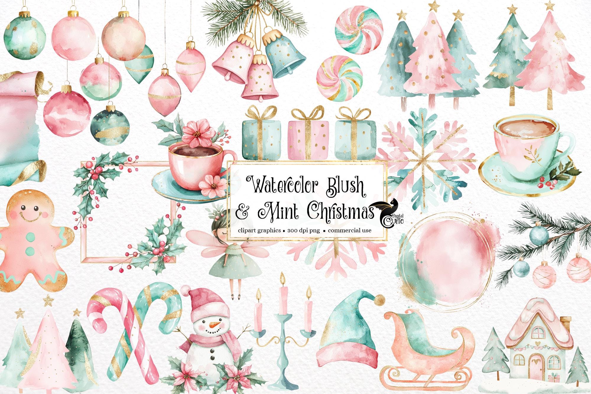 Watercolor Christmas Clipart – Blush Pink, Mint, and Gold (93 PNG) - Etsy