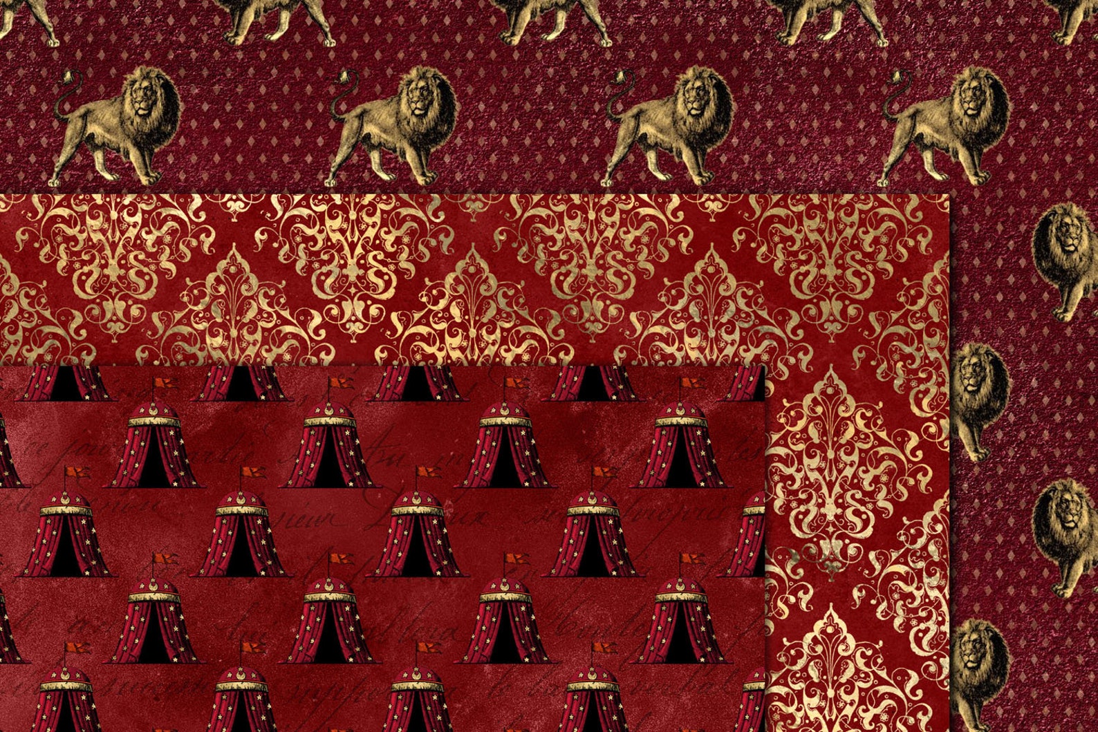 Red and Gold Circus Digital Paper, Vintage Seamless Patterns (digital ...
