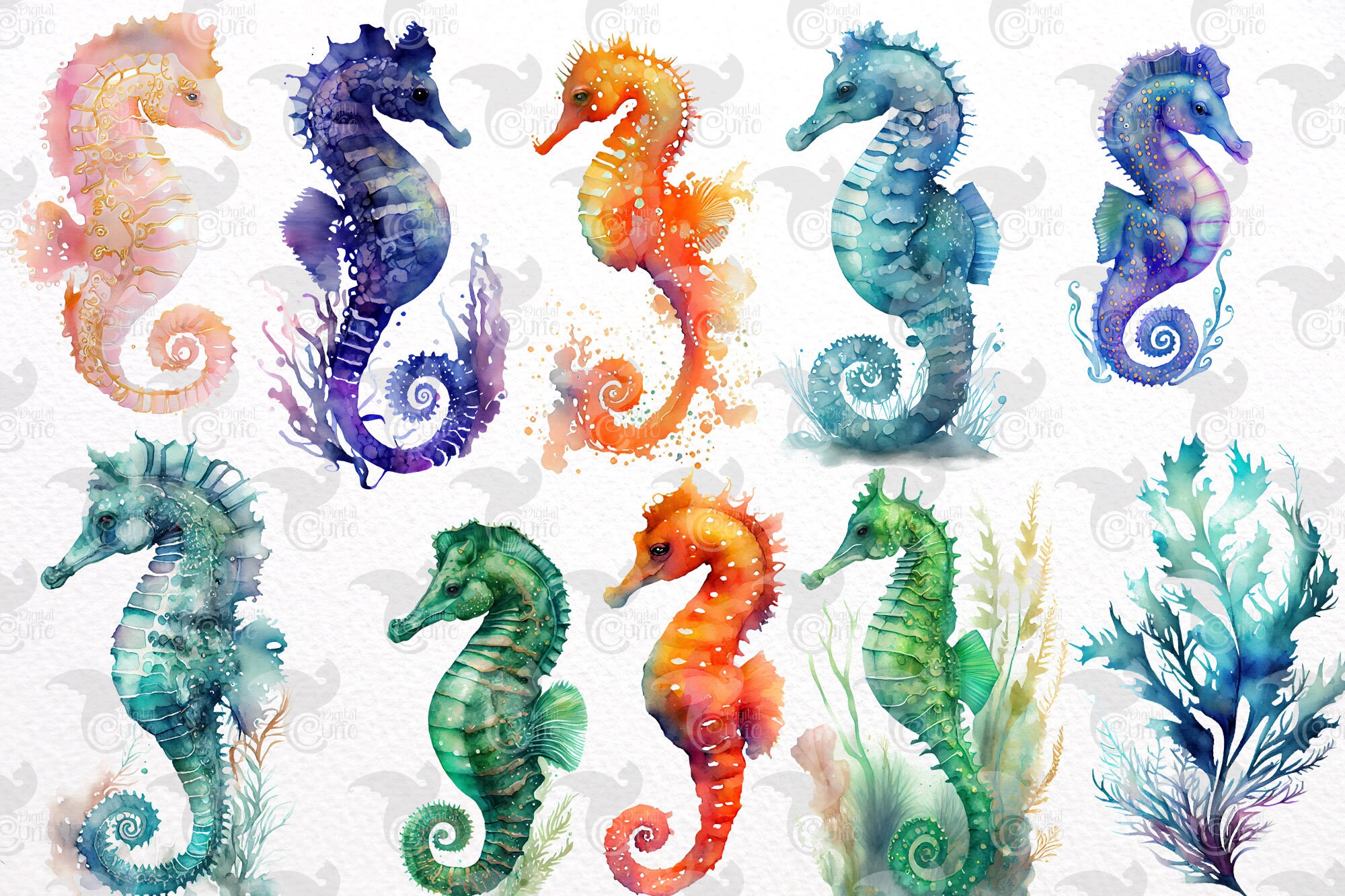 Watercolor Seahorse Clipart, Cute Nautical Ocean Animals PNG Clip Art ...