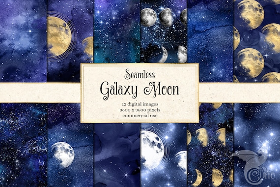 Galaxy Moon Digital Paper Seamless Watercolor Textures With - Etsy