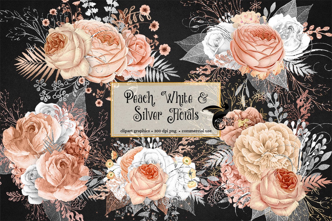 Peach White and Silver Floral Clip Art Digital Download - Etsy