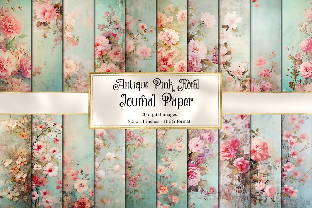 Antique Pink Floral Journal Paper, Notebook Digital Paper Fantasy Junk ...