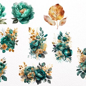 Watercolor Teal and Gold Floral Clipart – PNG Flowers and Leaves ...