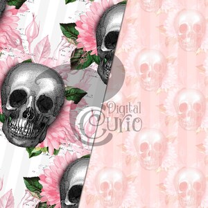 Pink Floral Skulls Digital Paper, Seamless Gothic Skull Patterns With ...