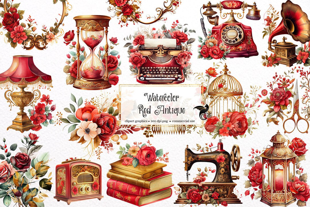 Watercolor Red Antique Clipart - Vintage Shabby PNG Format Instant ...