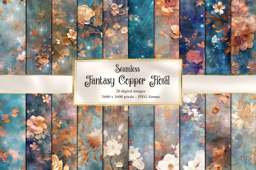 Fantasy Copper Floral Digital Paper, Patina Oil Paint Textures (digital ...
