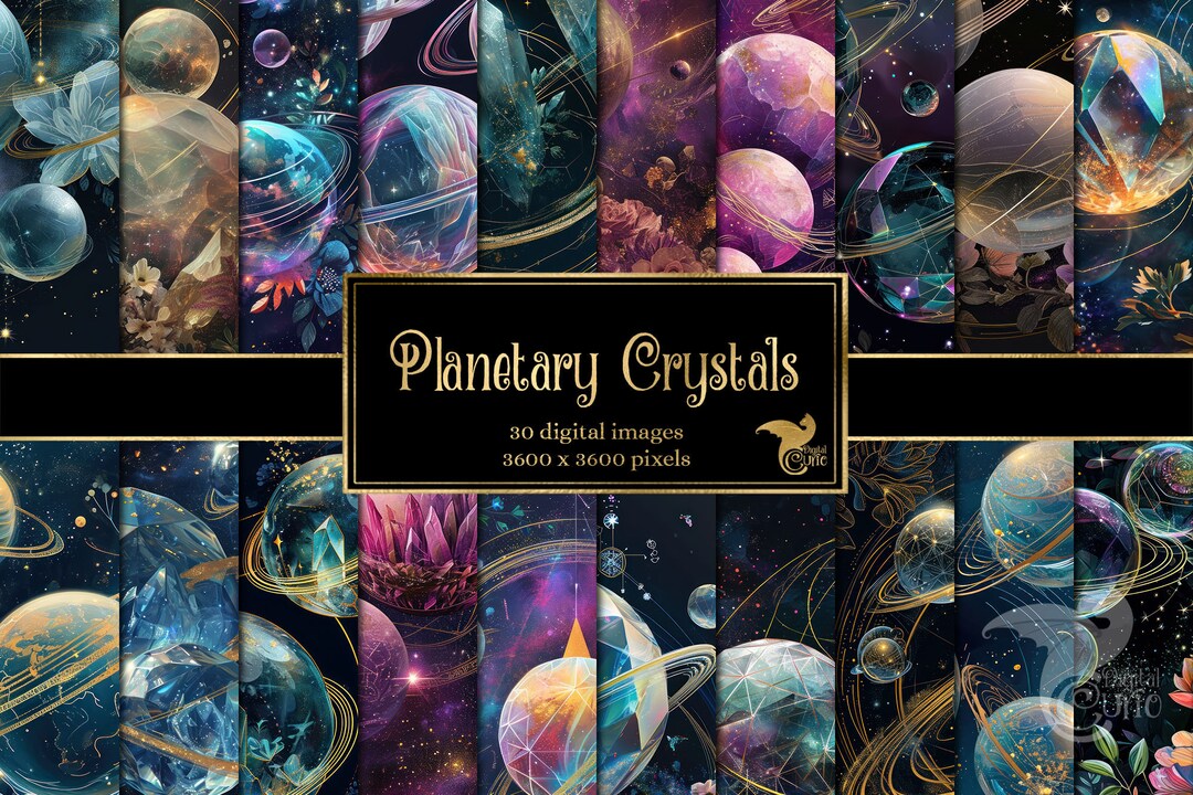 Planetary Crystals Digital Paper, Celestial Digital Paper Fantasy ...