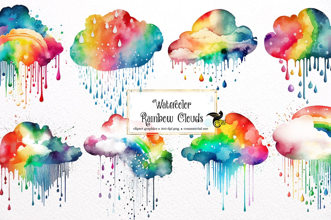 Watercolor Rainbow Clouds Clipart, Digital Graphics for Commercial Use ...
