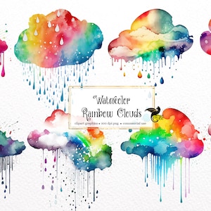 Watercolor Rainbow Clouds Clipart, Digital Graphics for Commercial Use ...
