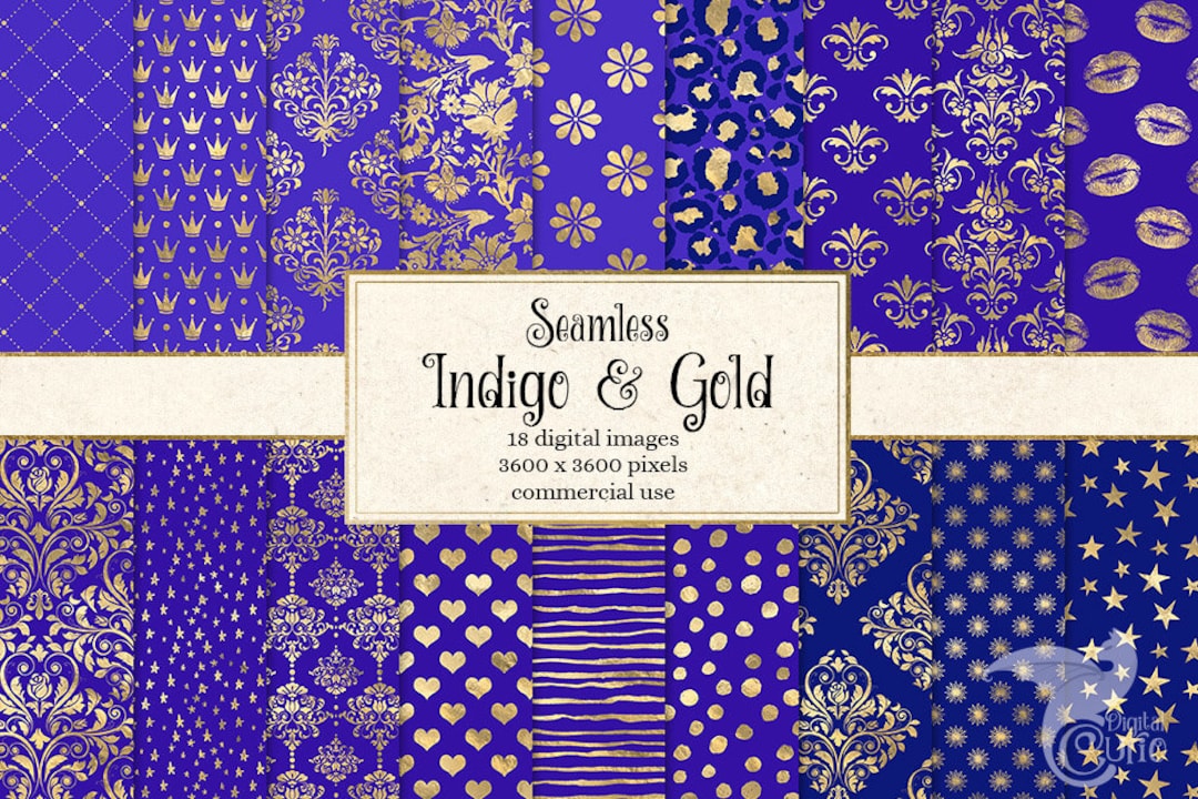 Indigo and Gold Digital Paper, Violet Seamless Gold Foil Patterns, Foil ...