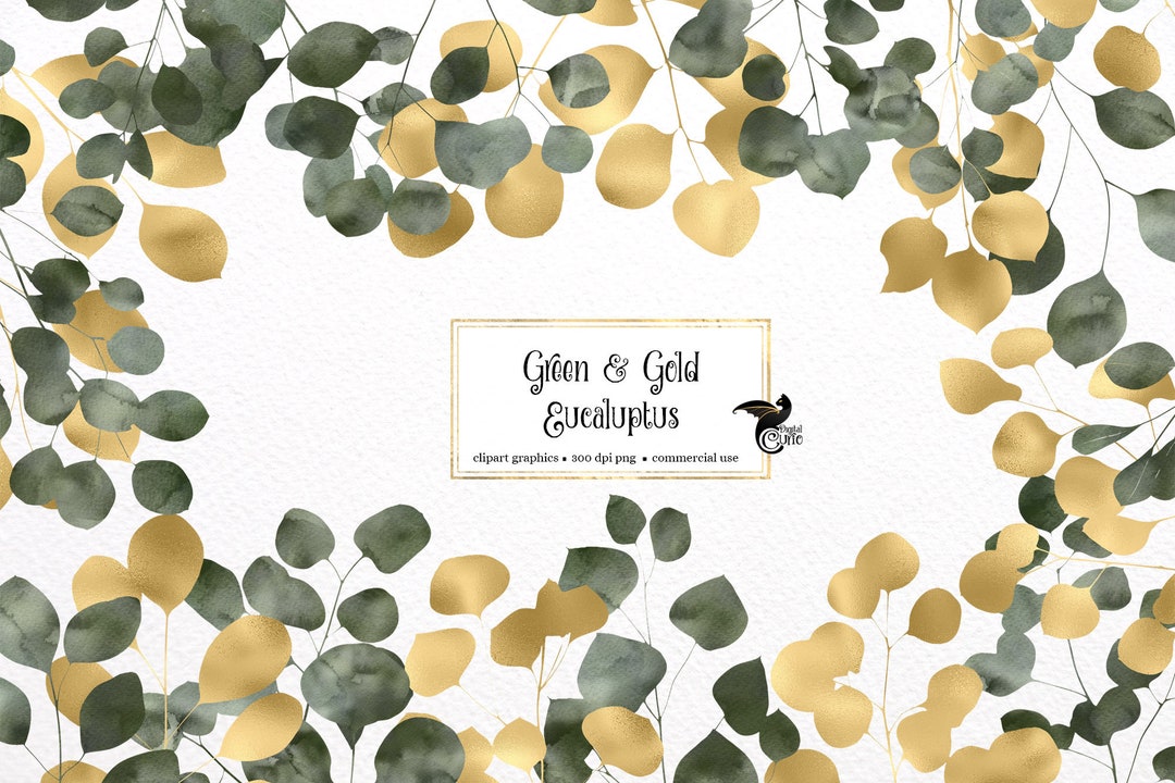 Green and Gold Eucalyptus Leaves Clipart, Gold Foil Leaf PNG Clip Art ...
