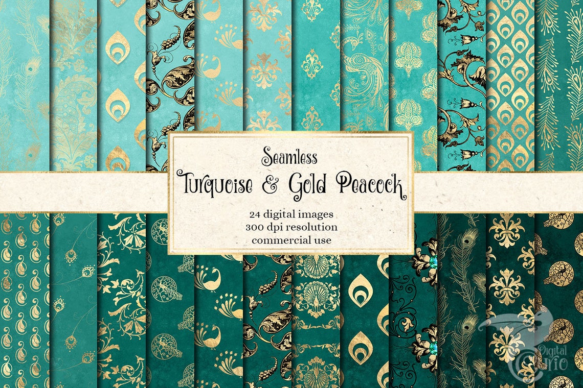 Turquoise and Gold Peacock Digital Paper Teal Seamless Aqua - Etsy