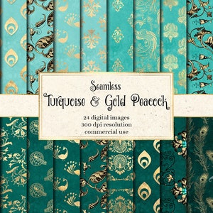 Turquoise and Gold Peacock Digital Paper, Teal Seamless Aqua Peacock ...