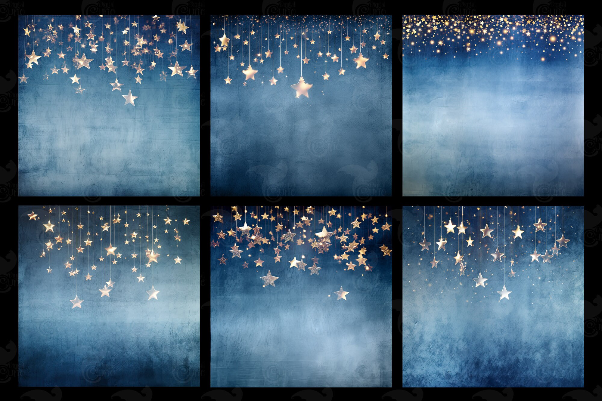 Blue Grunge Stars Digital Paper, Golden Starry Night Texture (digital ...