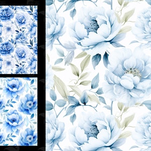 Watercolor Blue Peony Digital Paper, Seamless Floral Printable Textures ...
