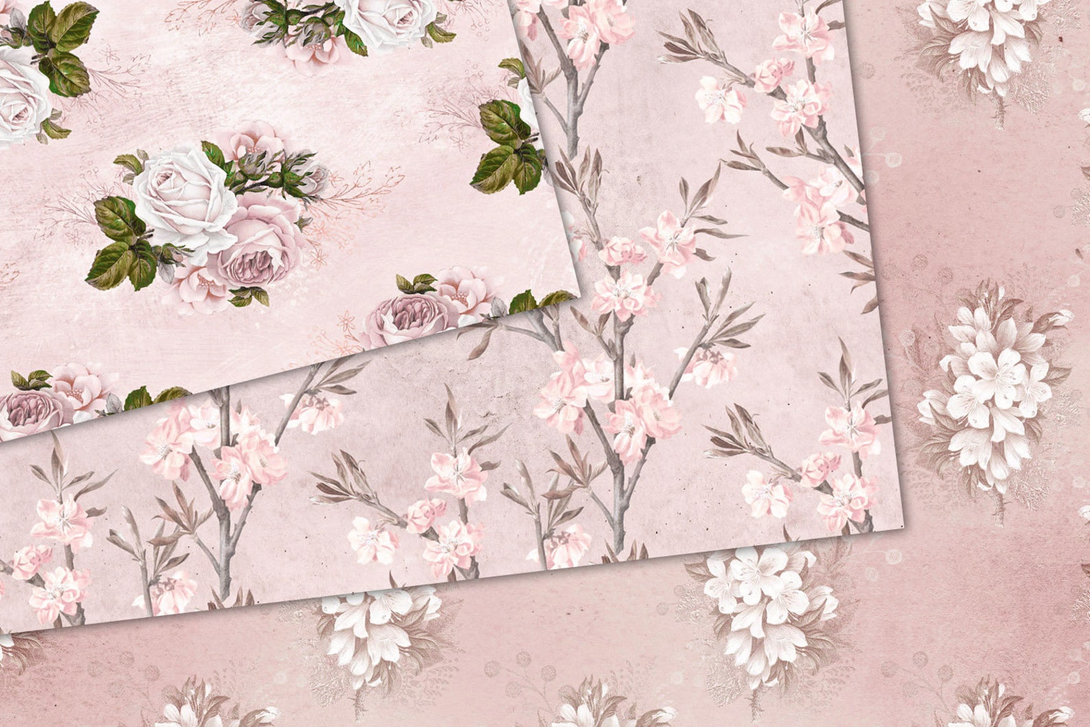 Pink Shabby Floral Digital Paper – Seamless Rustic Patterns (digital ...