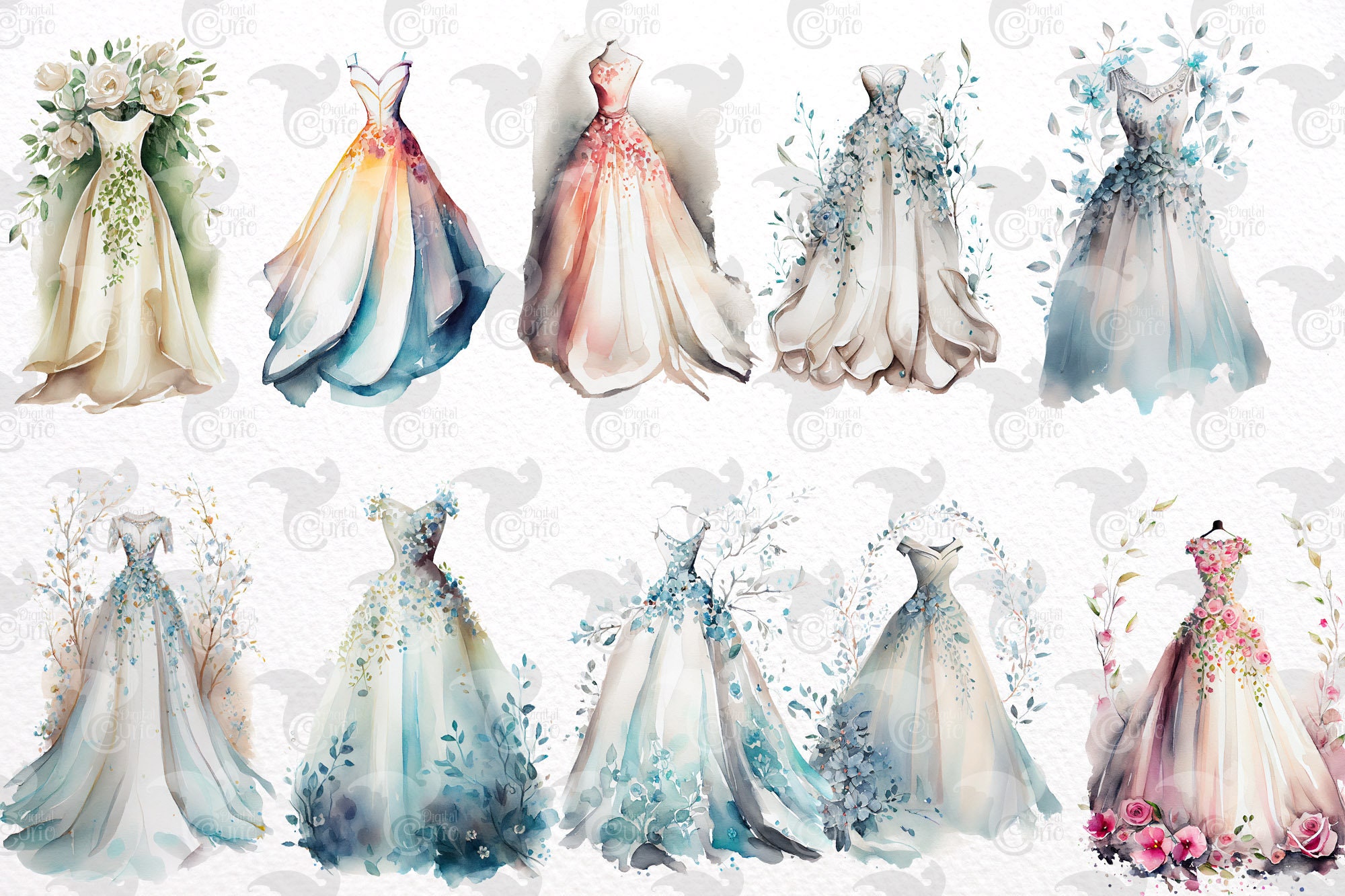 Watercolor Floral Wedding Dresses Clipart, PNG Graphics (digital ...