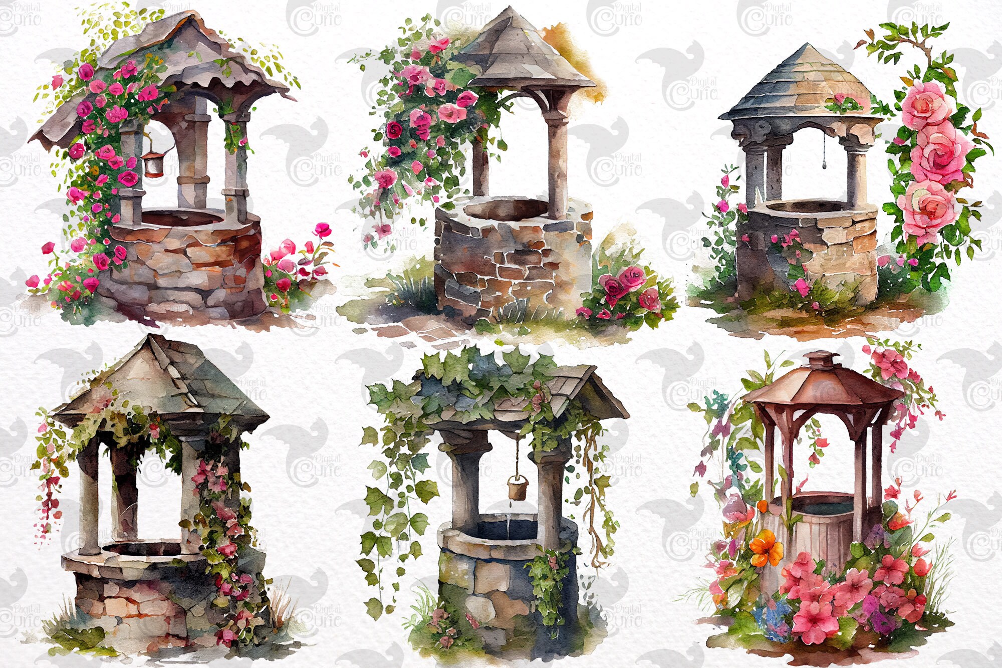 Watercolor Spring Wells Clipart – Floral Wishing Well PNG (digital ...