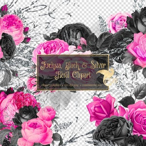 Fuchsia Black and Silver Floral Clipart, Vintage Flower Clip Art Silver ...