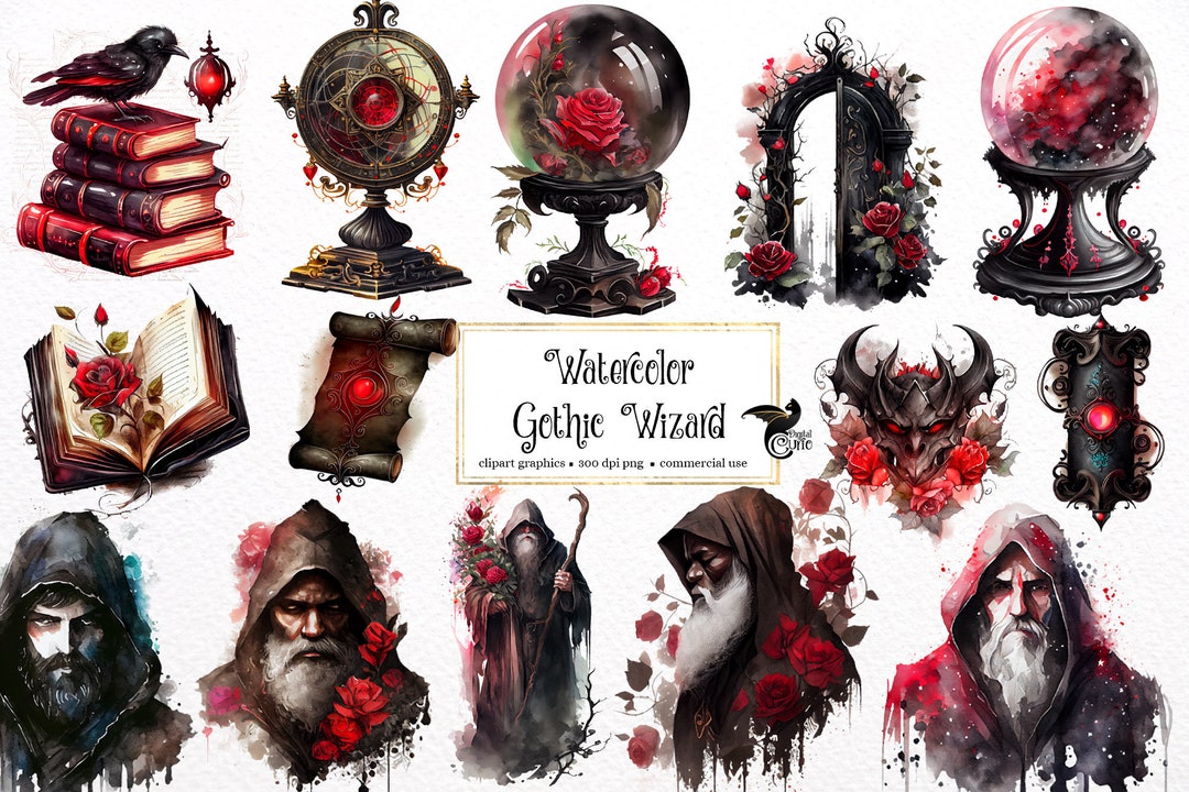 Watercolor Gothic Wizard Clipart - Dark Fantasy Watercolor Occult PNG ...