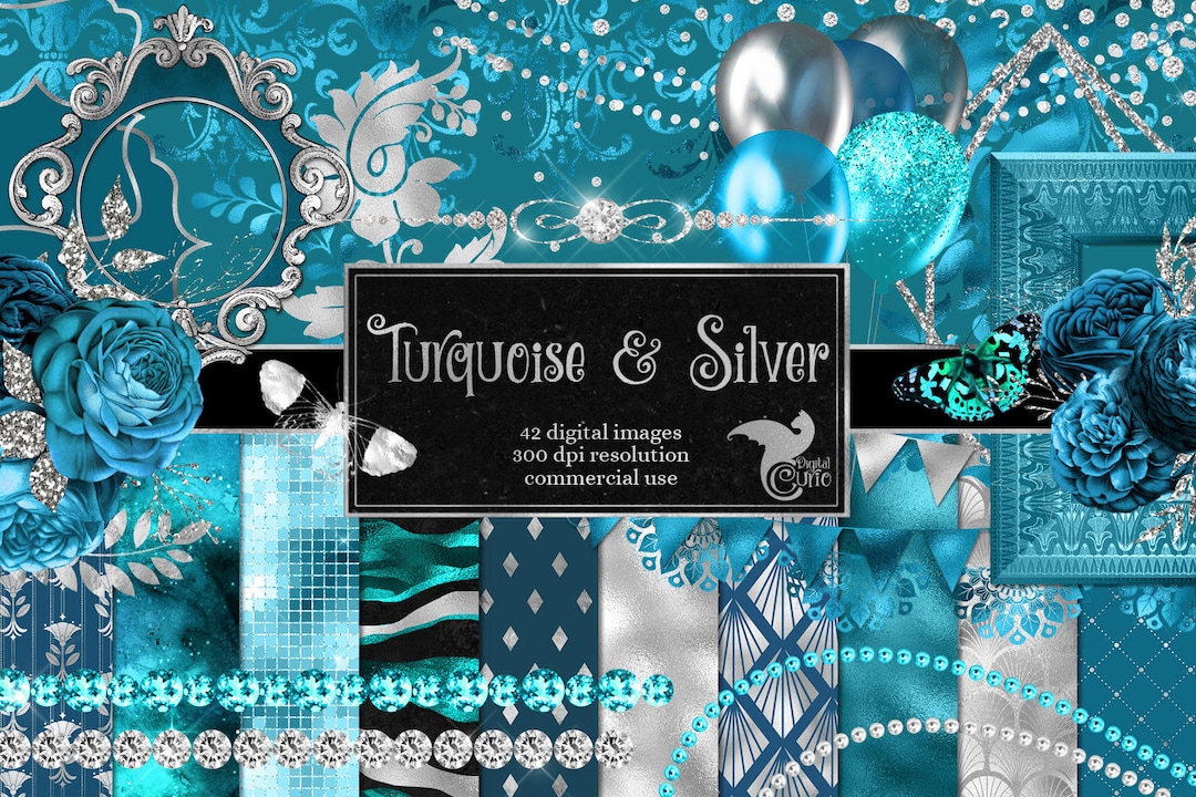Turquoise and Silver Digital Scrapbooking Kit, Clipart and Seamless ...