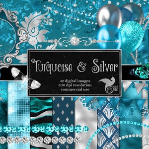 Turquoise and Silver Digital Scrapbooking Kit, Clipart and Seamless ...
