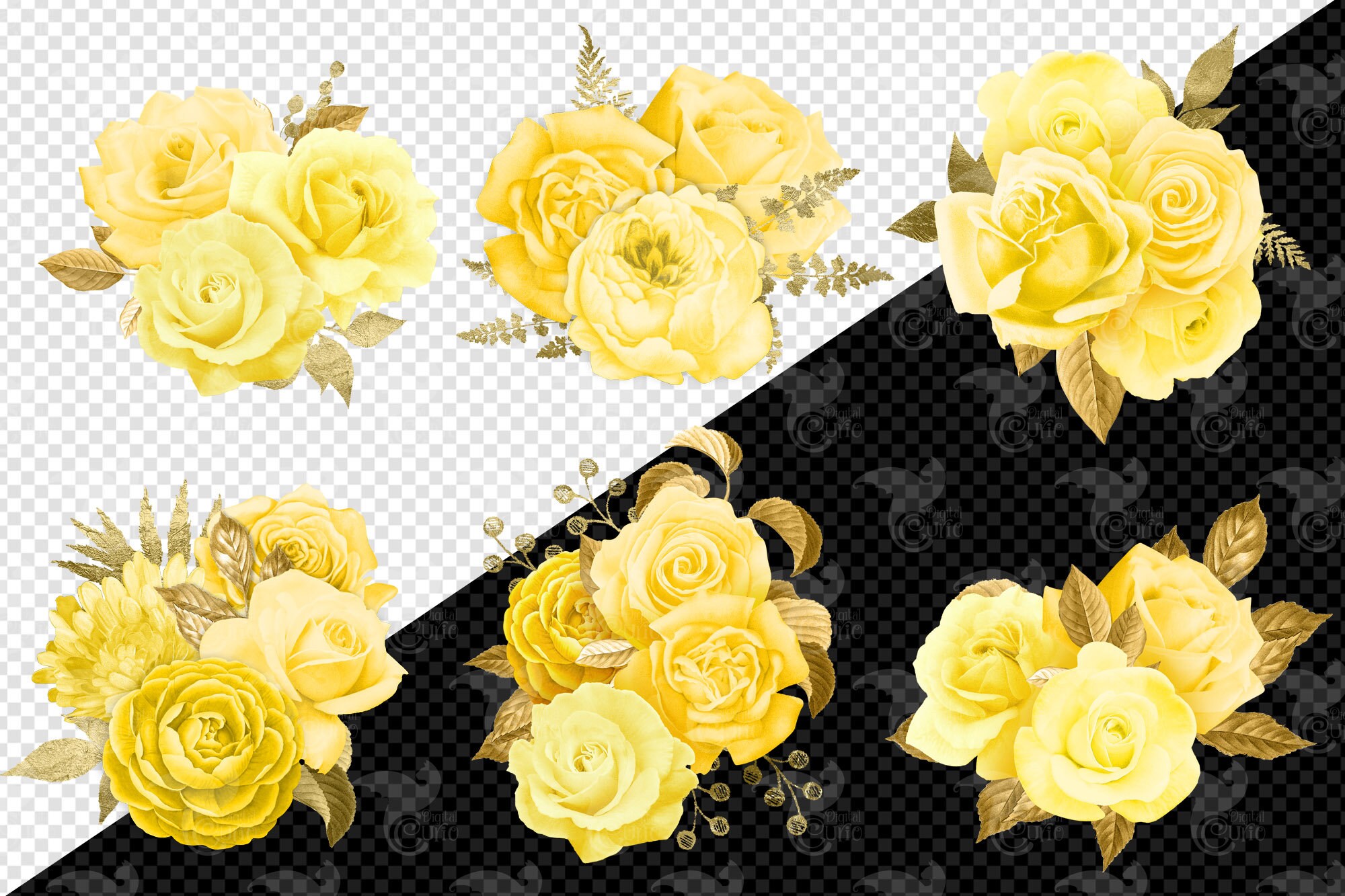 Yellow and Gold Floral Clip Art Digital Clipart Graphics of - Etsy