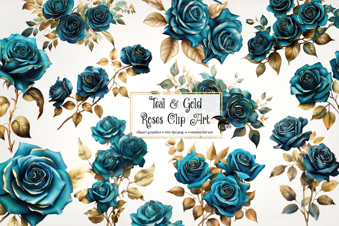 Teal and Gold Roses Clipart - Rose Leaves and Bouquets in PNG Format ...