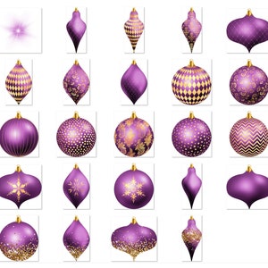 Purple and Gold Christmas Ornaments Clipart, Digital Glitter Christmas ...